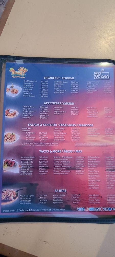 Menu at Sunset pub & bar, San Miguel de Cozumel