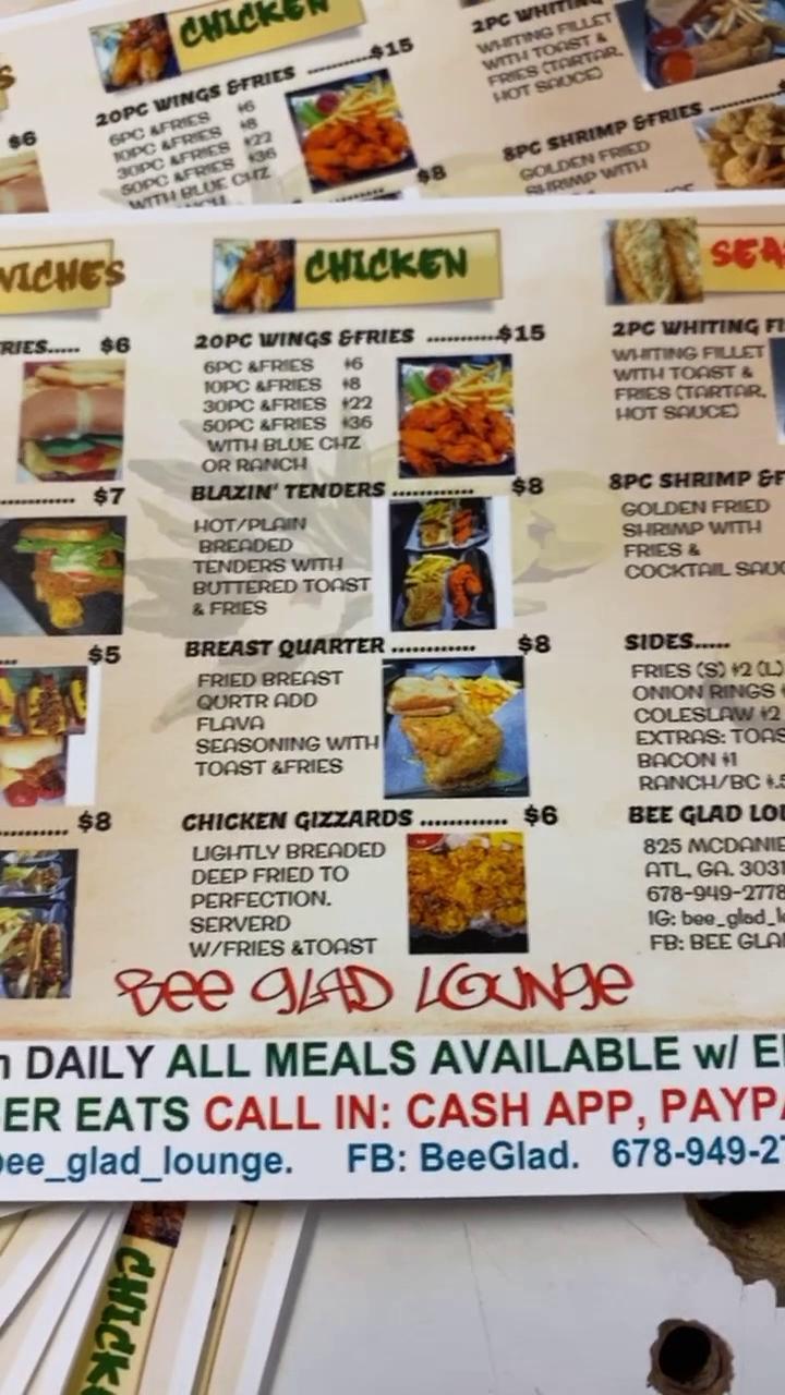 Menu at Bee Glad Lounge pub & bar, Atlanta