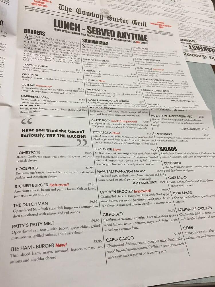 Menu at Cowboy Surfer Grill restaurant, Corona
