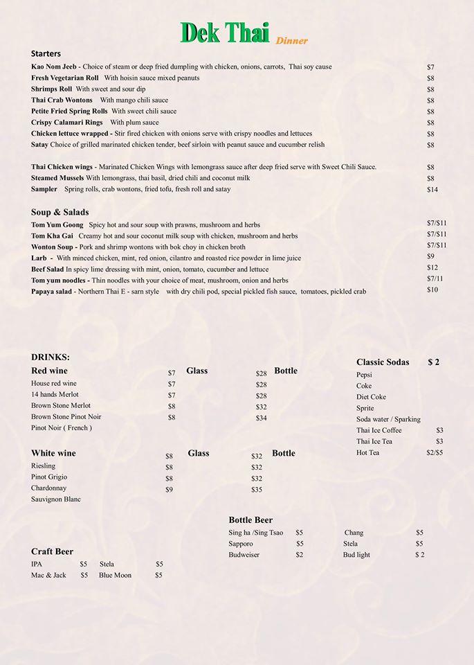 Menu at Dek Thai restaurant, Burien