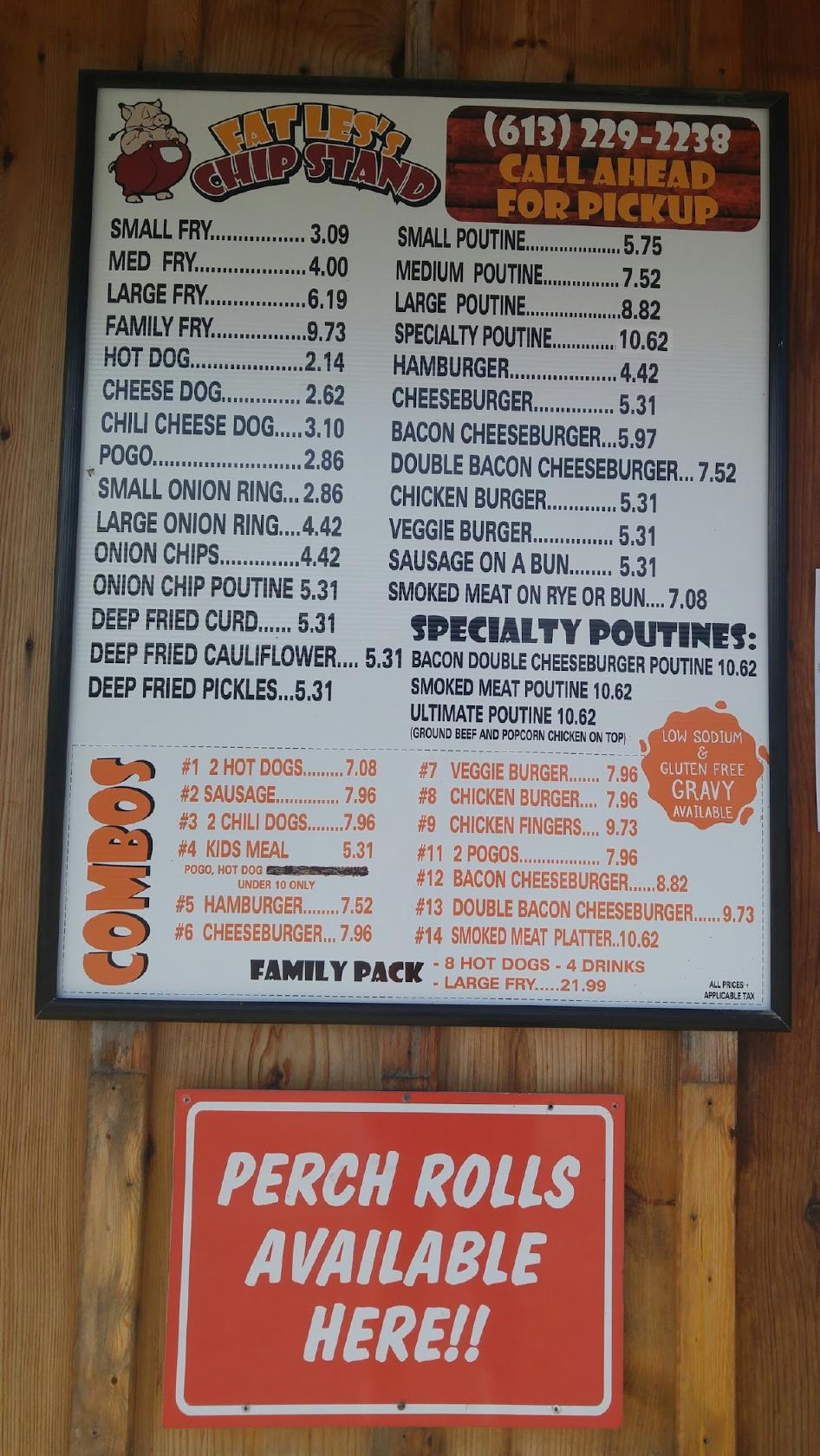 Menu at Fat Les's Chip Stand restaurant, Kemptville, 639 Van Buren St