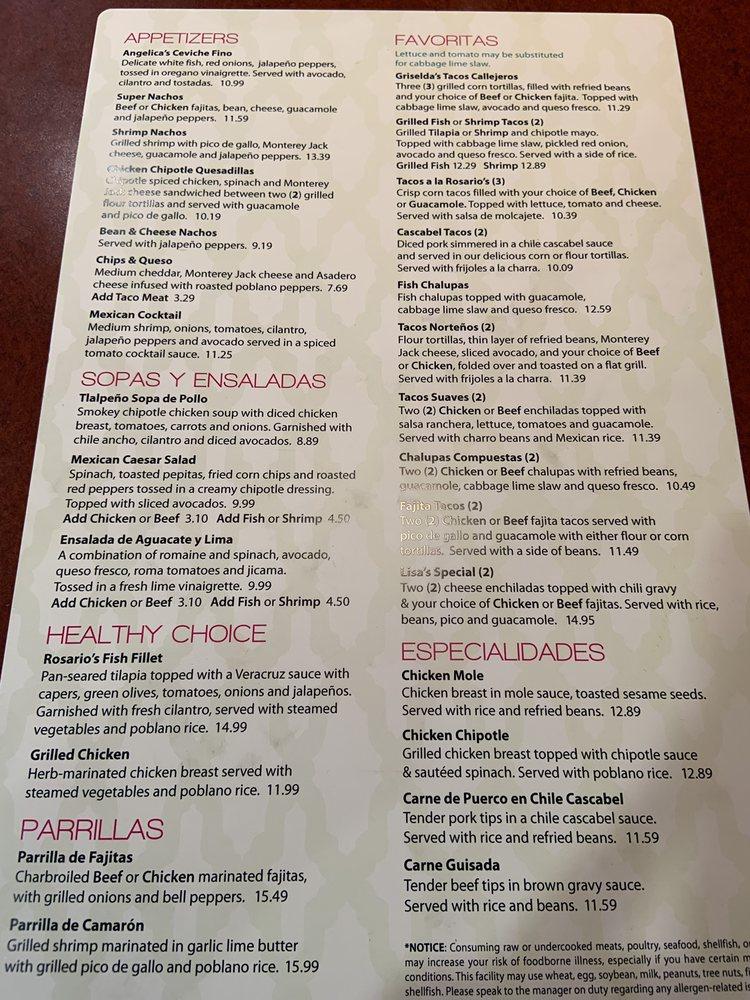Menu at Rosarios - San Antonio International Airport cafeteria, San Antonio