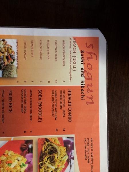 Menu at Shogun Sushi & Hibachi restaurant, Marietta