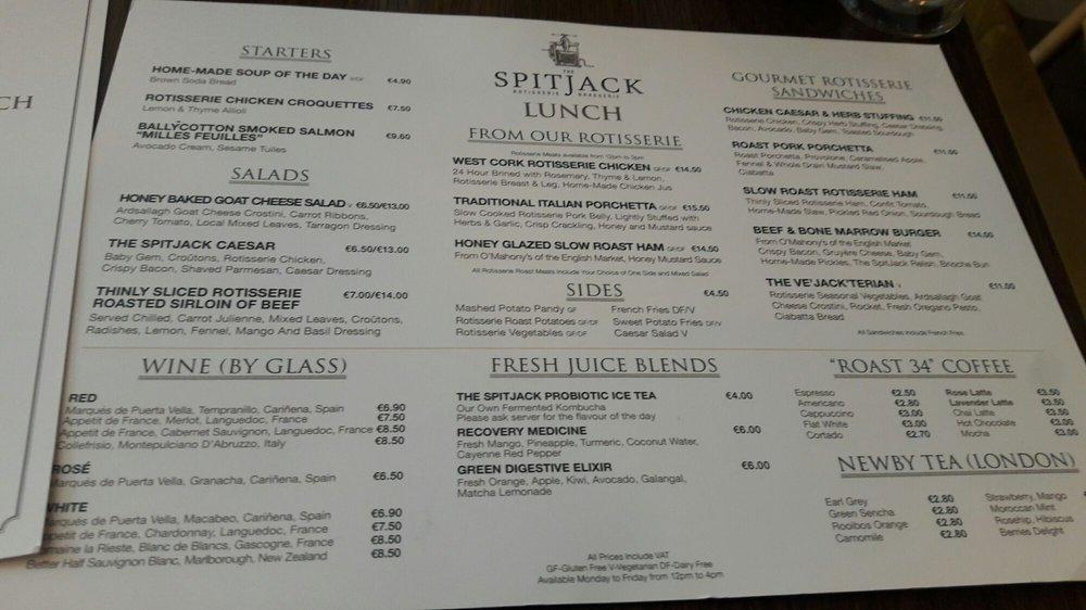 Menu at The SpitJack Cork restaurant, Cork