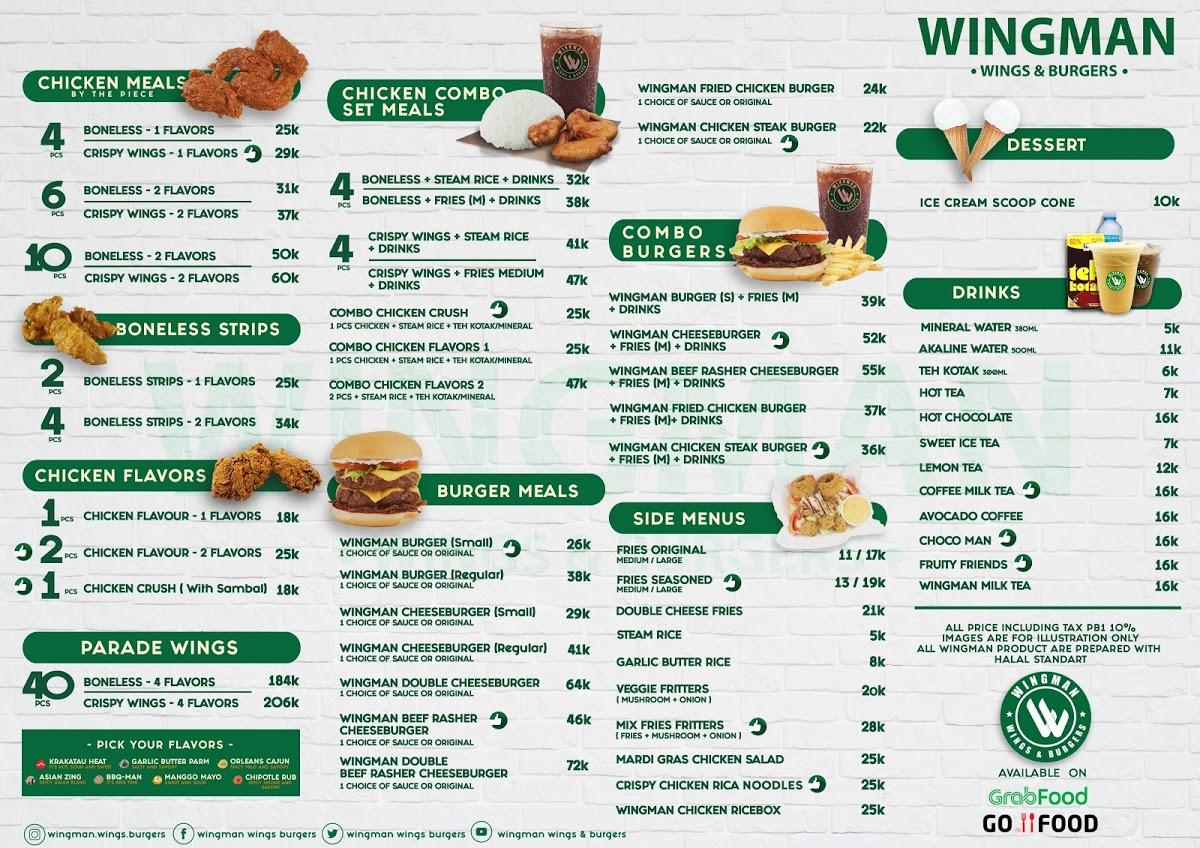 Carta del restaurante Wingman Wings & Burgers King Plaza, Bandung