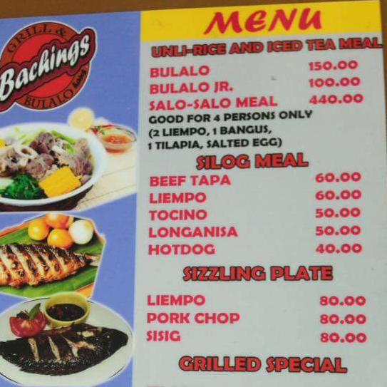 Menu at Bachings Bulalohan restaurant, Muntinlupa