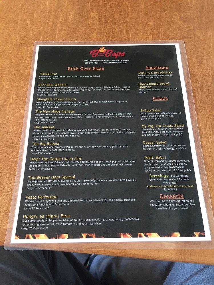 Menu at Brittany’s Brick Oven Pizza - B-Bop’s pizzeria, Madison