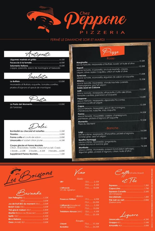 Menu at Chez Peppone restaurant, Châteaugiron