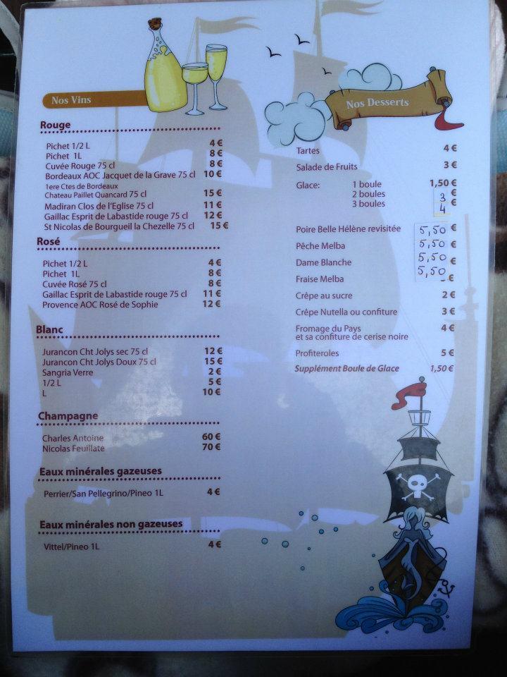 Menu at La Frégate des Pirates restaurant, Lourdes