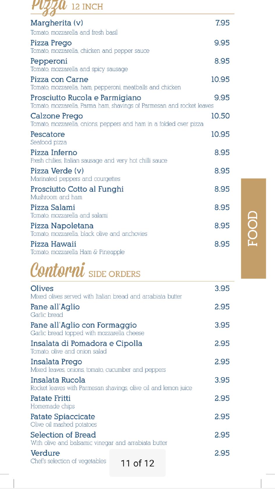 Menu at Prego restaurant, Lanark