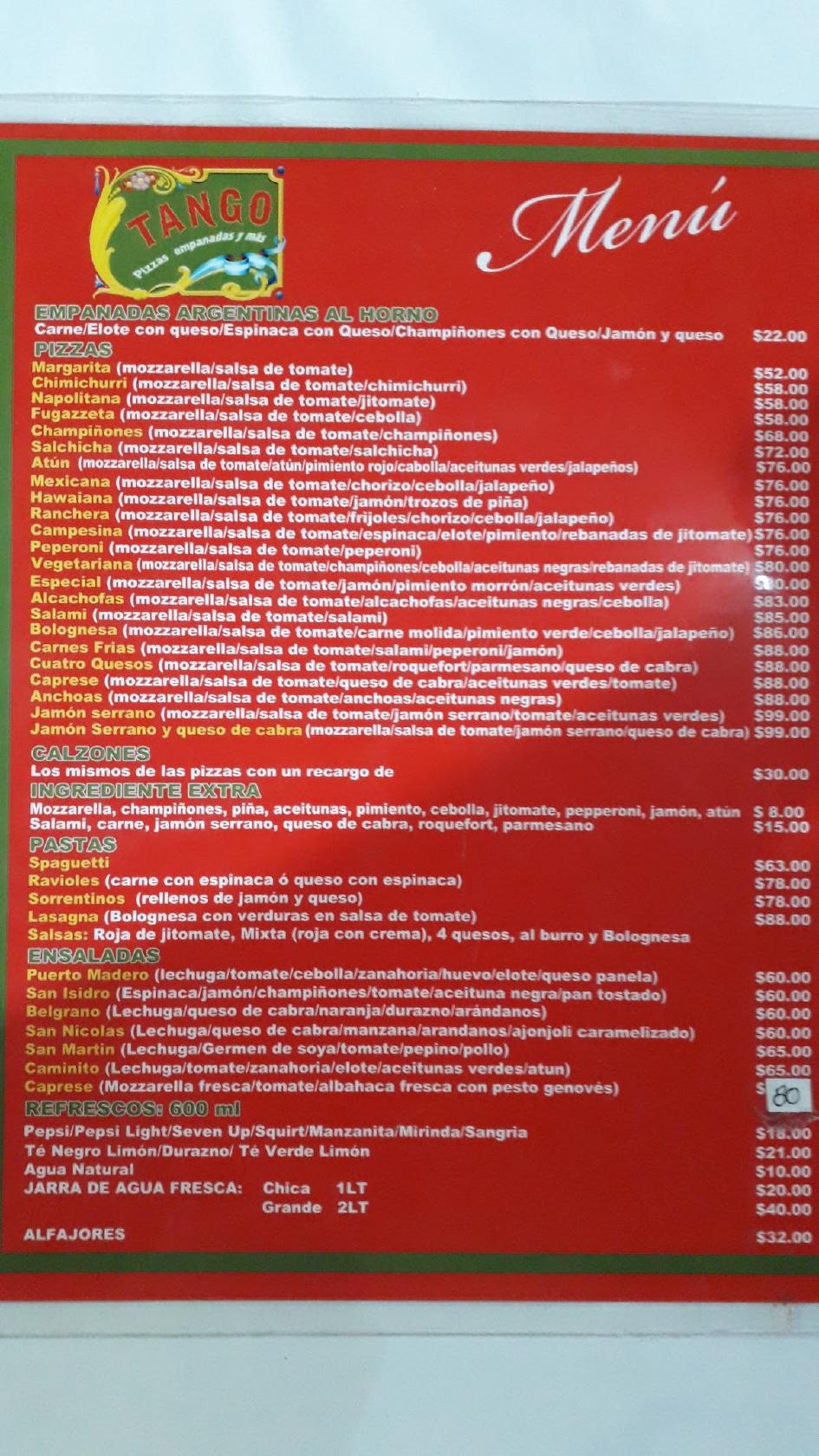 Menu at Tango Pizza restaurant, Fraccionamiento Lomas de Ahuatlán