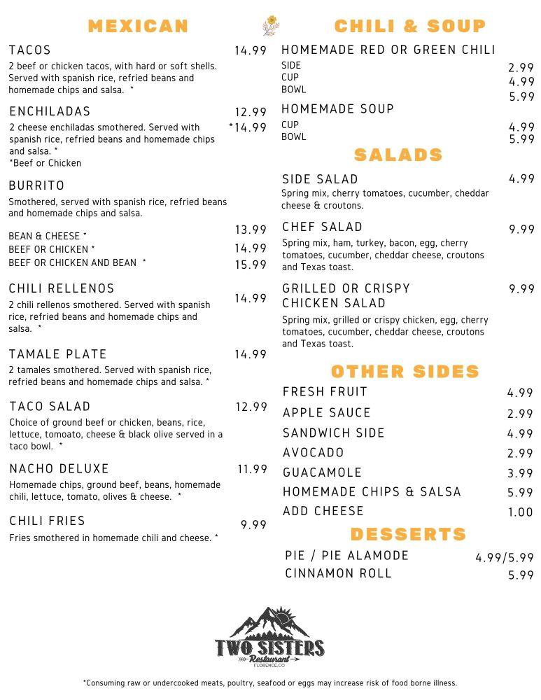 Menu at Two Sisters cafe, Florence