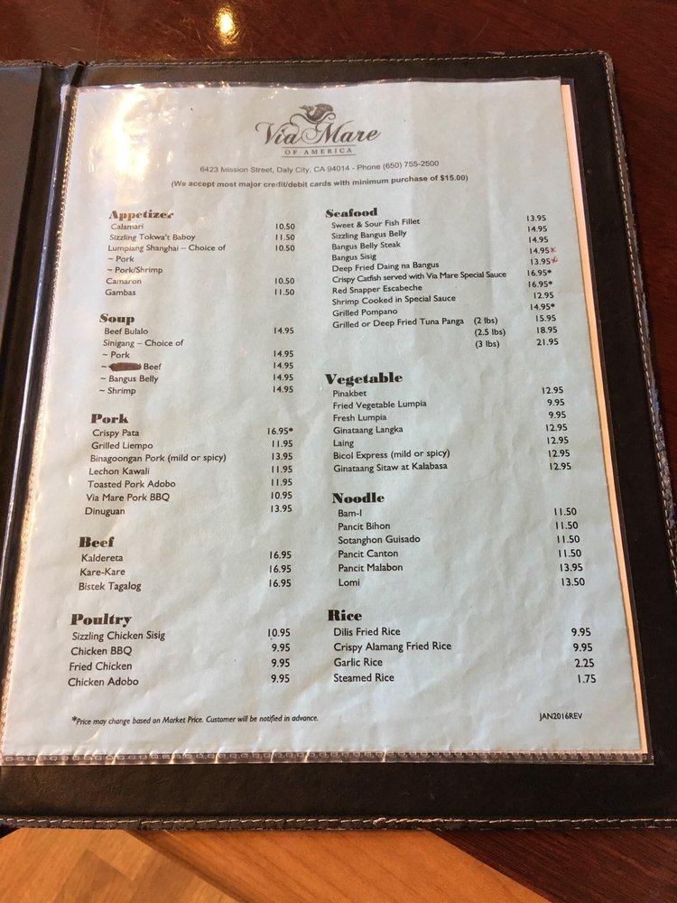 Menu at Via Mare of America restaurant, Daly City
