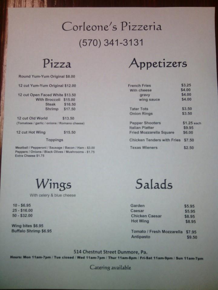 Menu at Corleone's Pizzeria, Dunmore