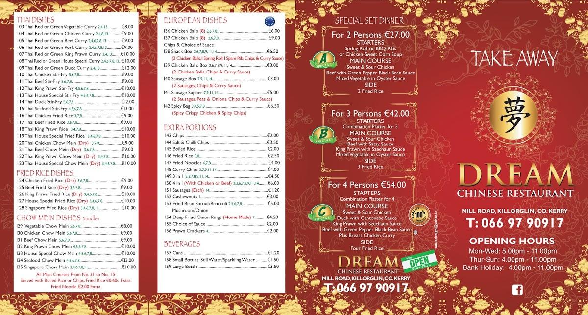 Menu at Dream Chinese restaurant, Killorglin