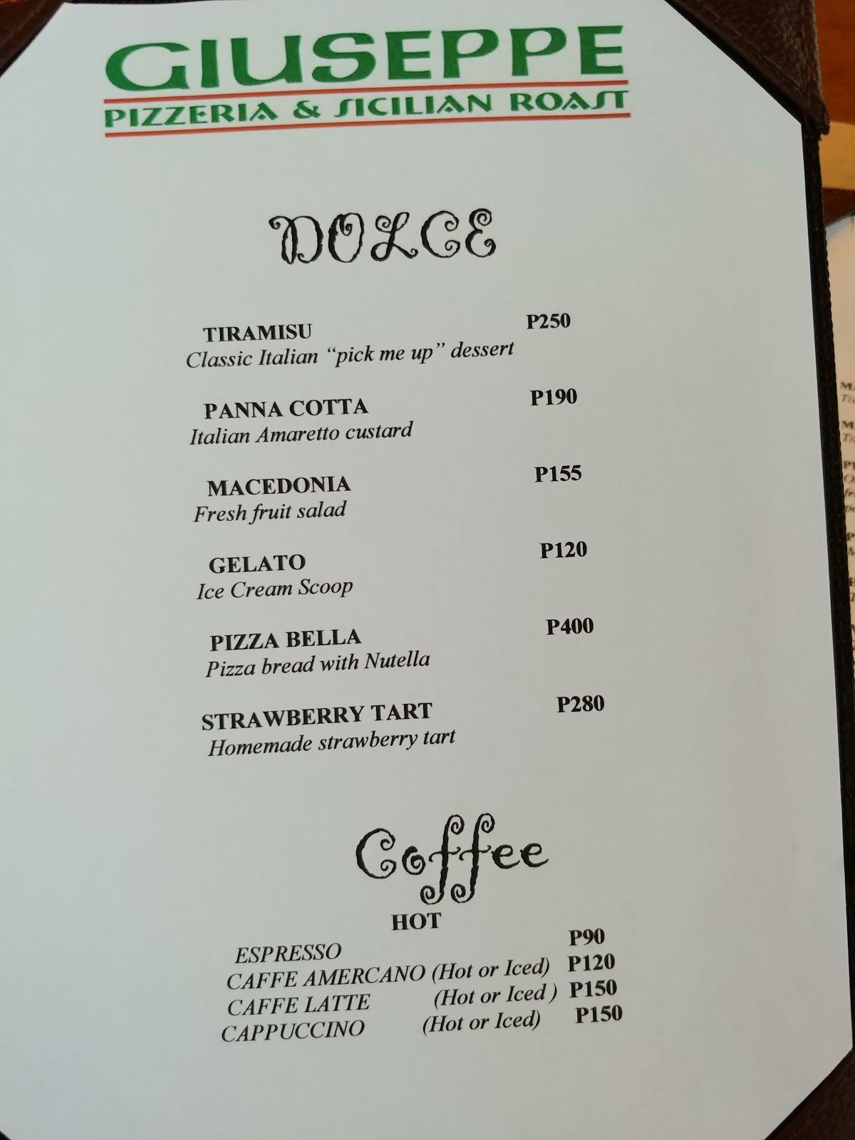 Menu at Giuseppe Pizzeria and Sicilian Roast Mactan, Lapu-Lapu City