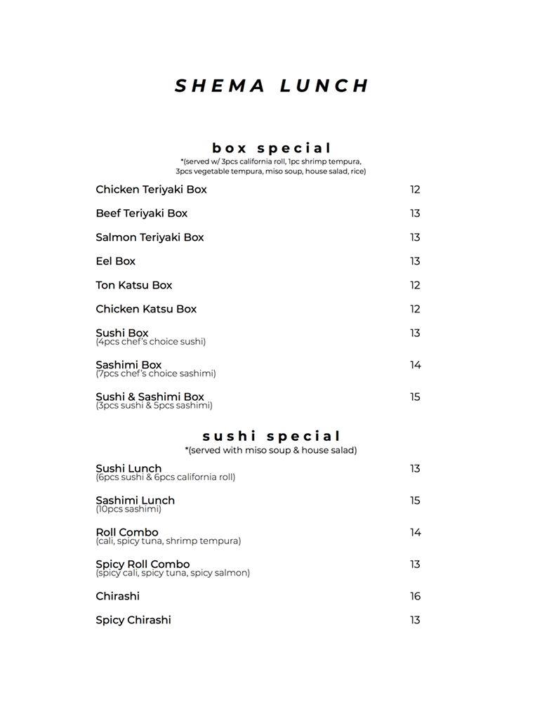 Menu at Shema Sushi restaurant, Rochester