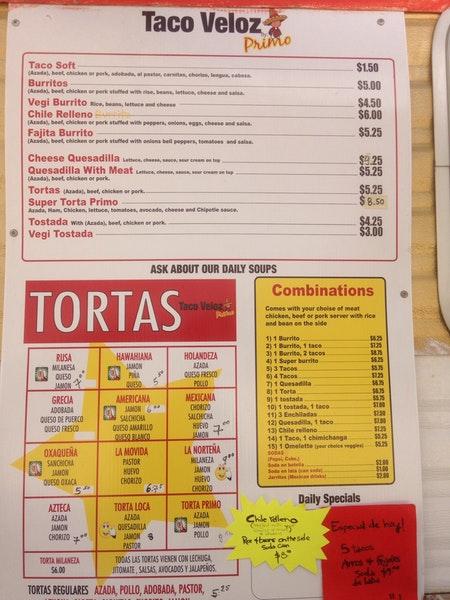 Menu at Taco Veloz restaurant, Boise, Fairview Ave