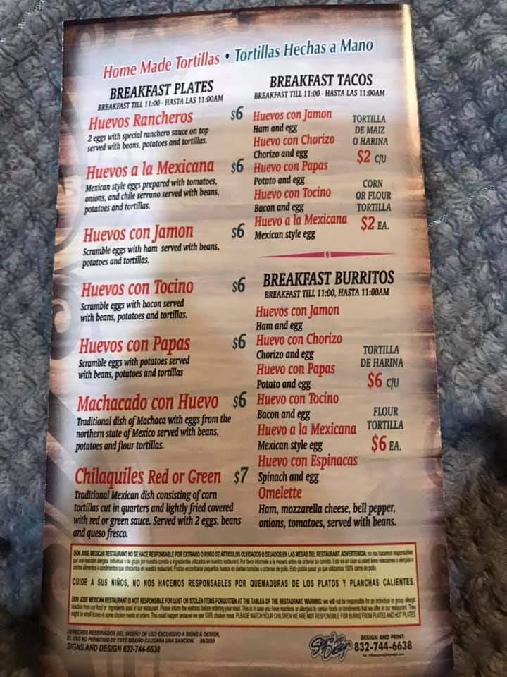 Menu at Don Jose Mexican Restaurant, Angleton