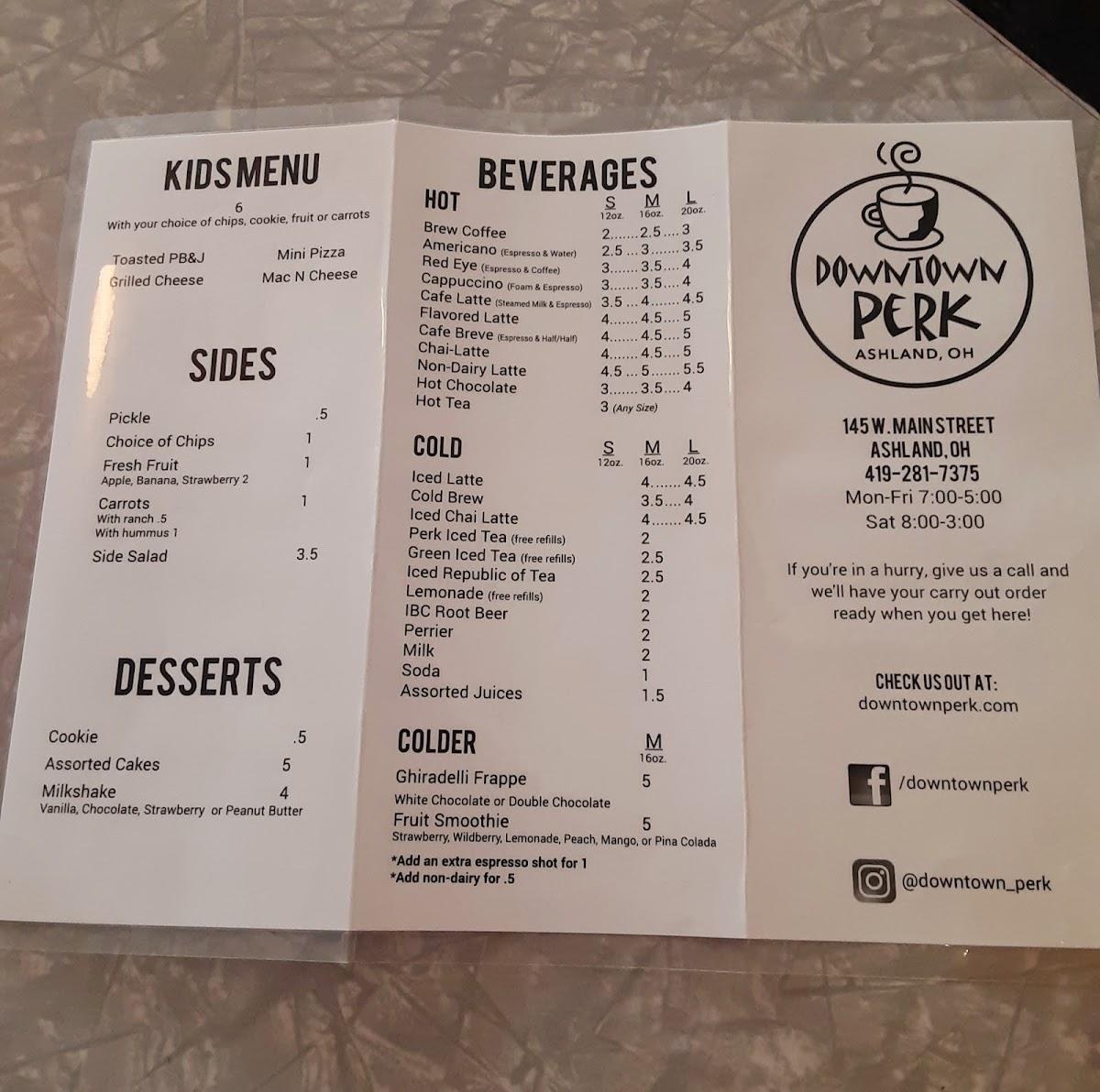 Menu at Downtown Perk desserts, Ashland
