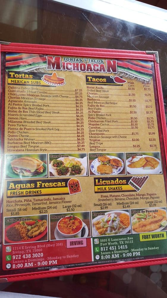 Menu at Michoacan Tortas y Tacos restaurant, Fort Worth