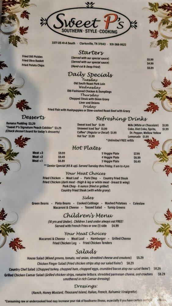 Menu at Sweet P's Southern Style restaurant, Clarksville