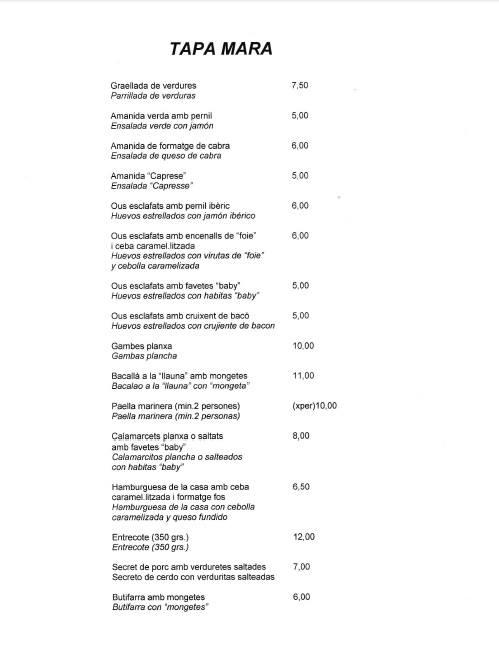 Menu at TAPA MARA Restaurant, Pineda de Mar
