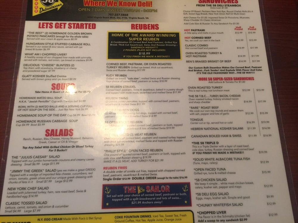 Menu at The Route 58 Deli restaurant, Virginia Beach