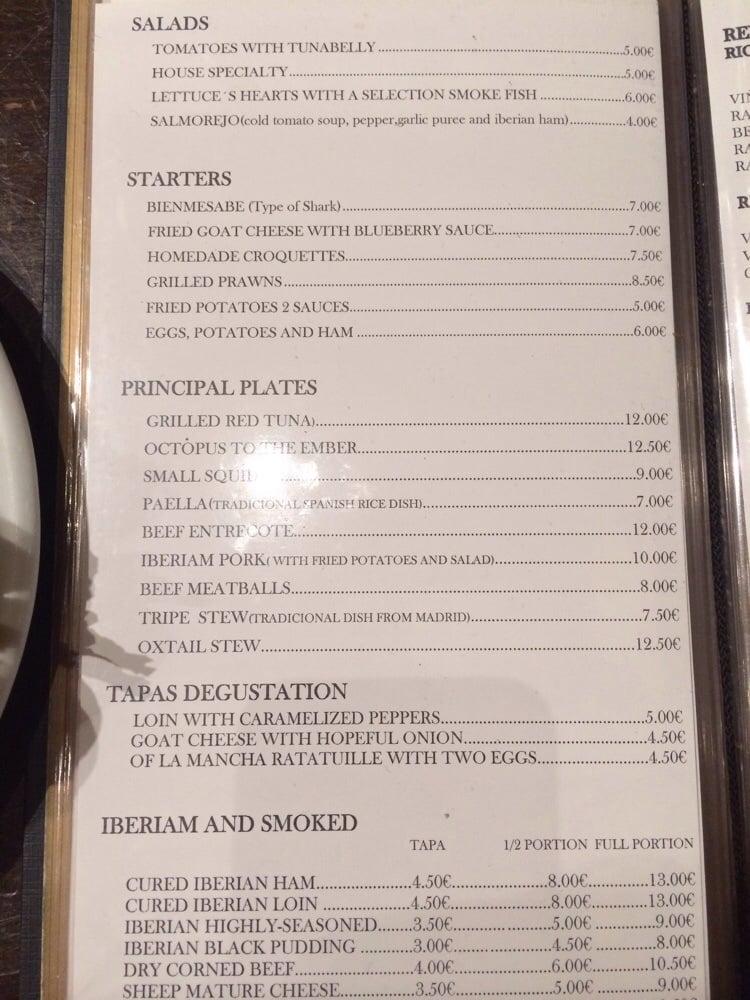 Menu at Alhambra restaurant, Madrid, C. de la Victoria