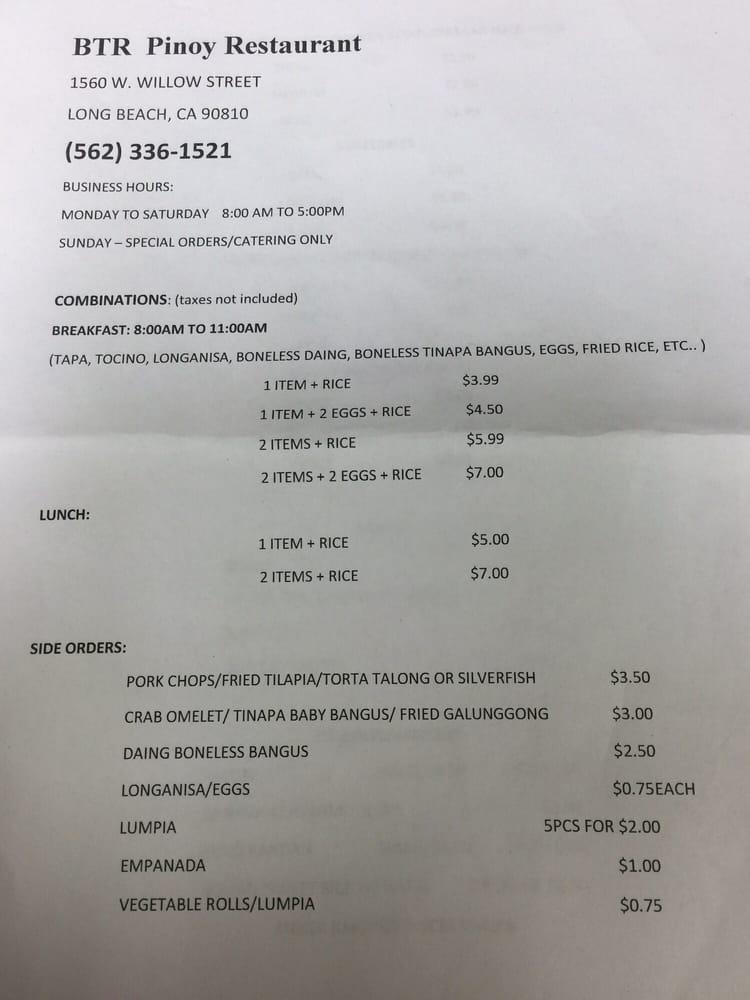 Menu at BTR Pinoy Restaurant, Long Beach