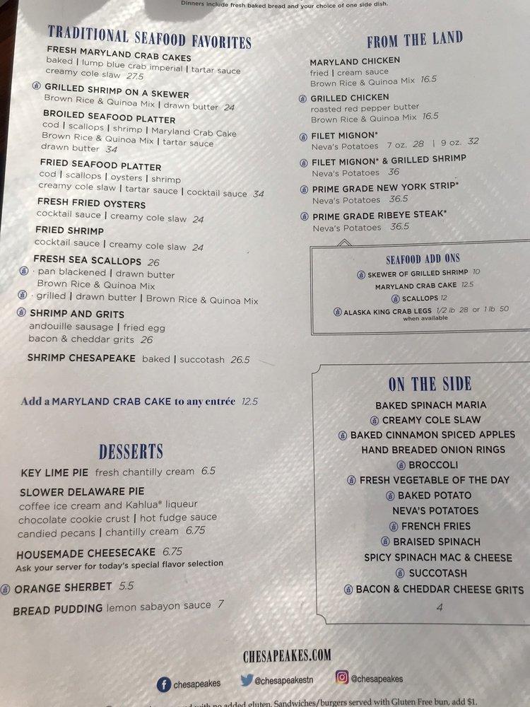 Menu at Chesapeake's Seafood and Raw Bar, Gatlinburg