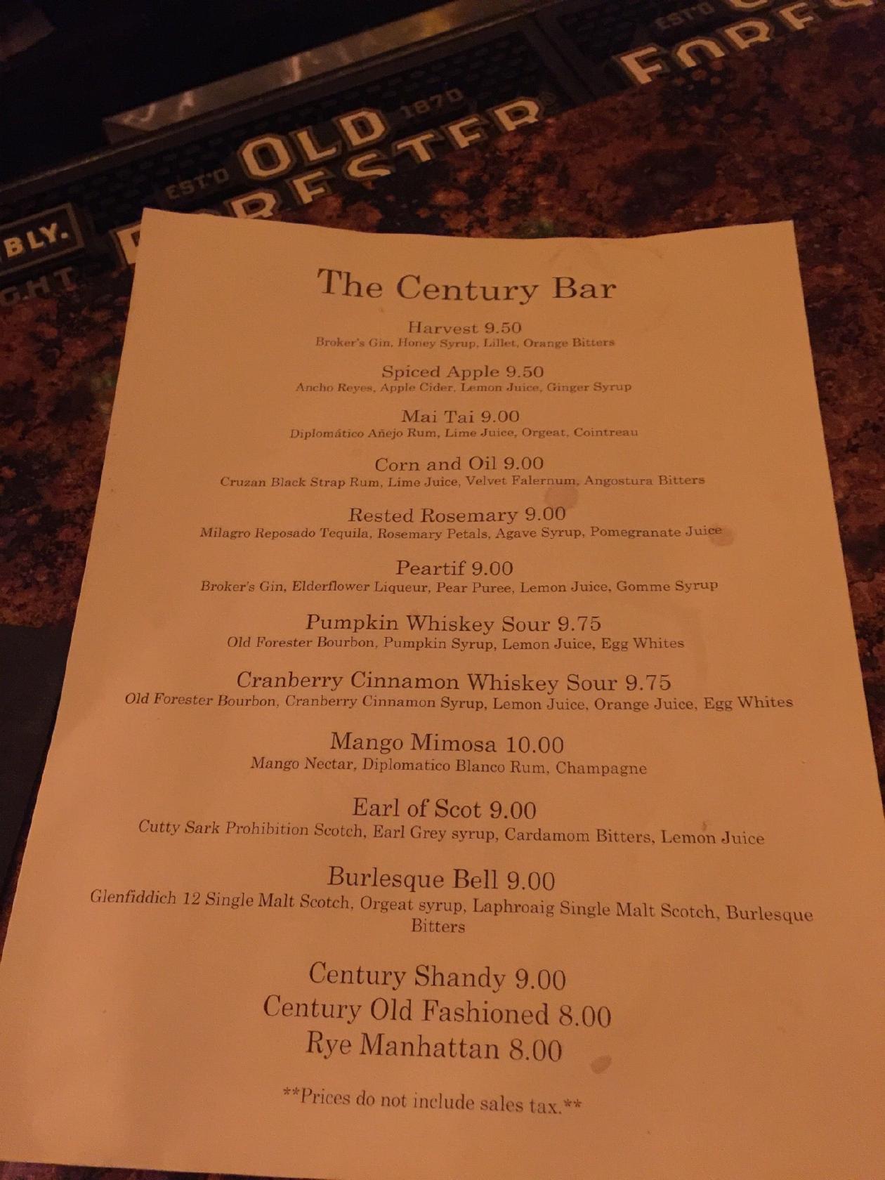 Menu at The Century Bar, Dayton
