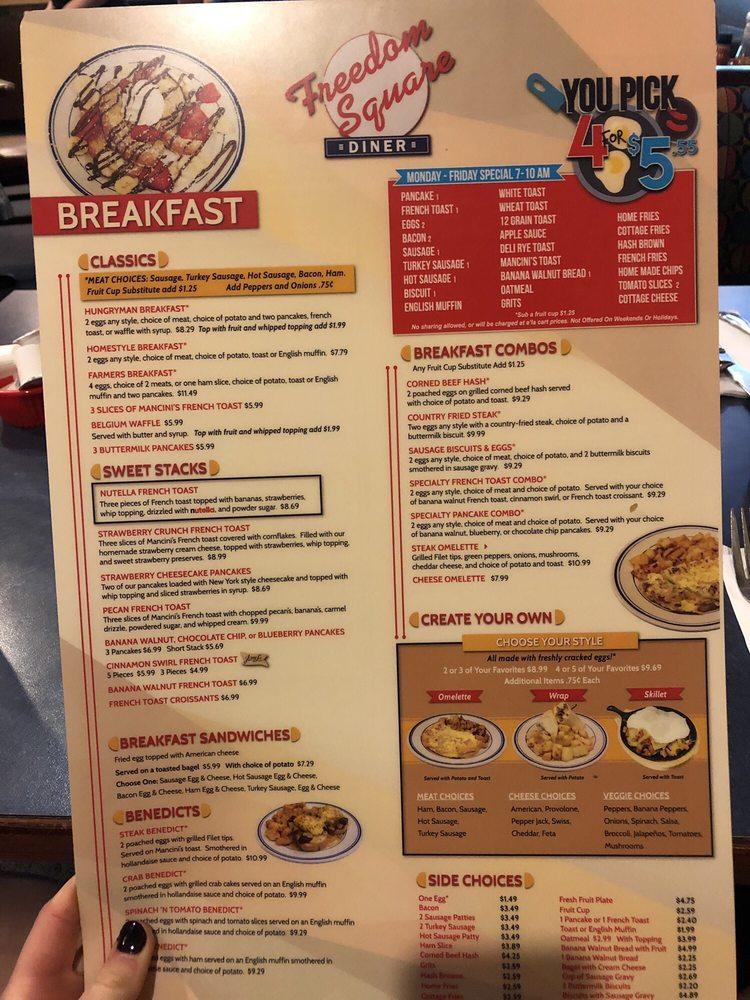 Menu at Freedom Square Diner restaurant, Verona