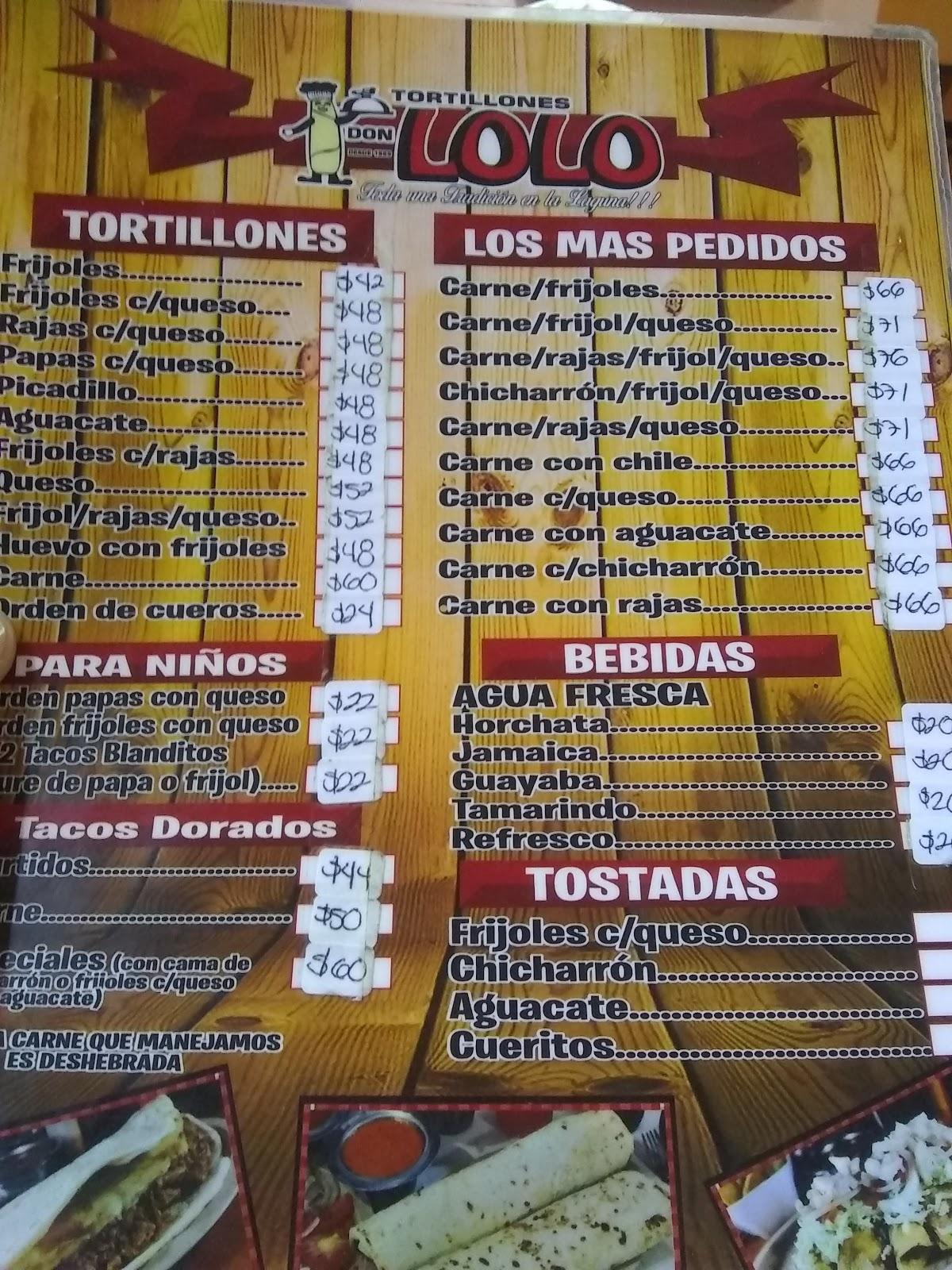 Carta del restaurante Tortillones Don Lolo, Torreón, Blvrd la Libertad 1239