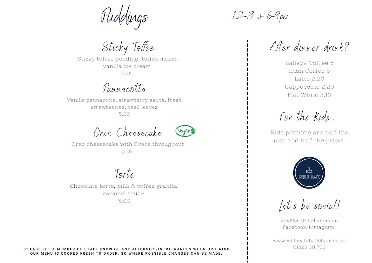 Menu at Wills restaurant, Hailsham