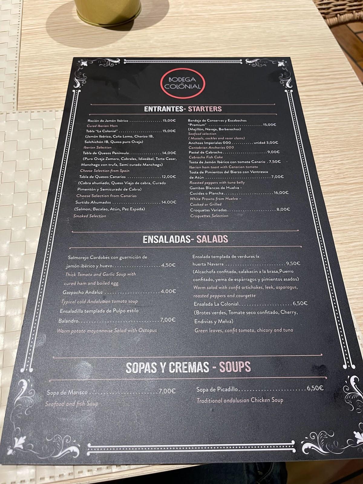 Menu at Bodega La Colonial restaurant, Playa Blanca