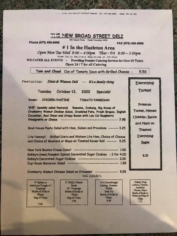 Menu at Broad Street Deli, Hazleton, 147 W Broad St