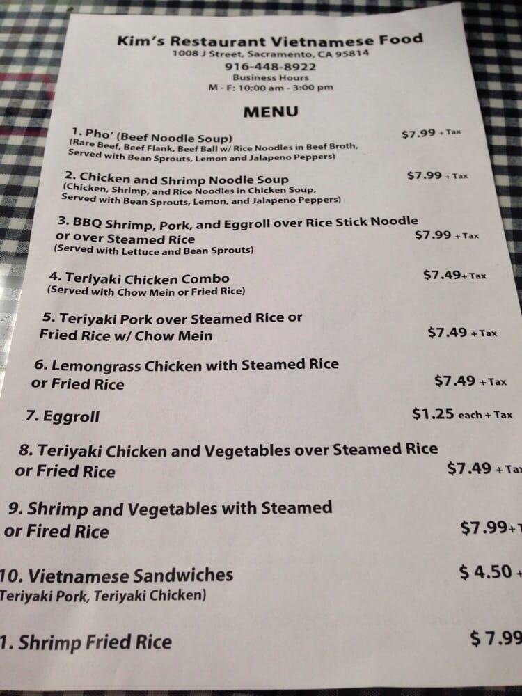 Menu at Kim’s Restaurant, Sacramento