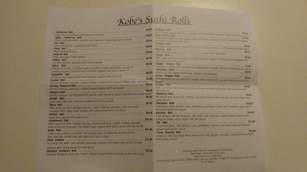 Menu at Kobe Express Japanese Restaurant, Waynesville