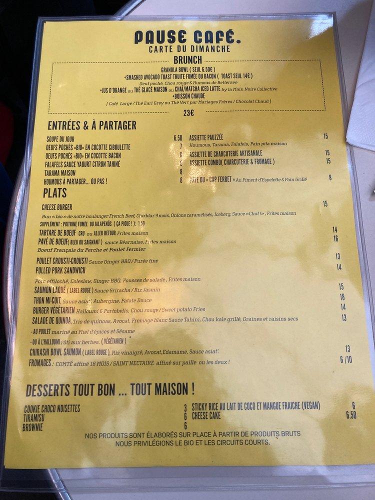 Menu at Pause Café, Paris, 41 Rue de Charonne