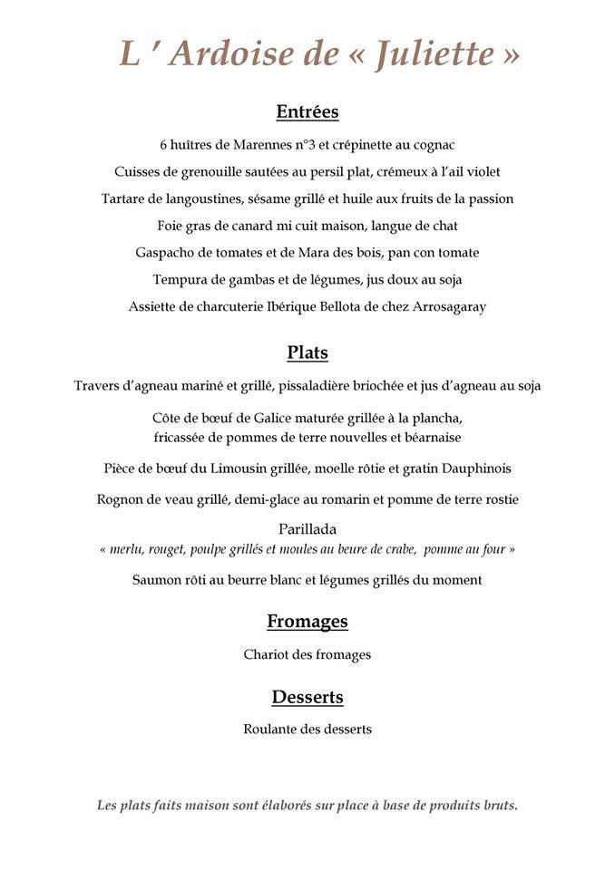 Menu au Restaurant Juliette Migné Auxances Poitiers, Migné-Auxances