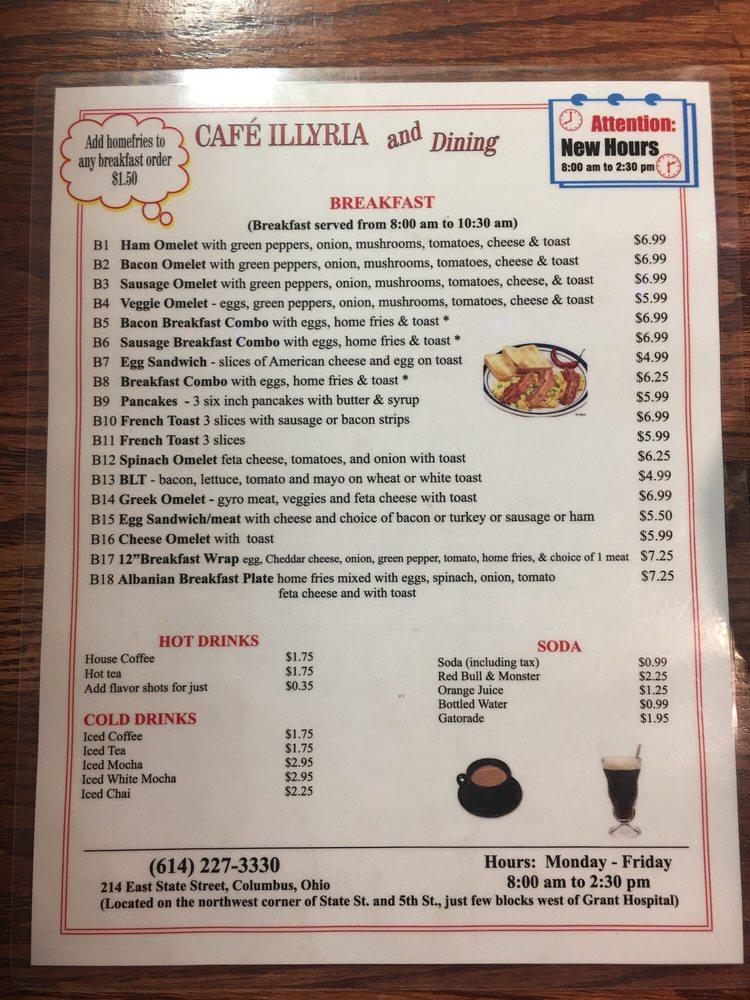 Menu at Cafe Illyria, Columbus