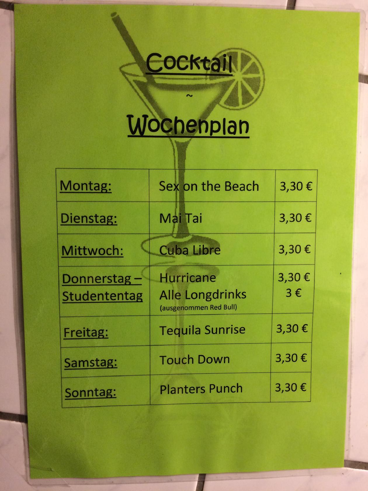 Menu at Café Muck pub & bar, Würzburg, Sanderstraße 29