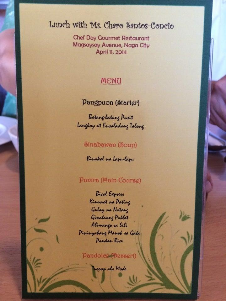 Menu at Chef Doy’s Gourmet Restaurant, Naga