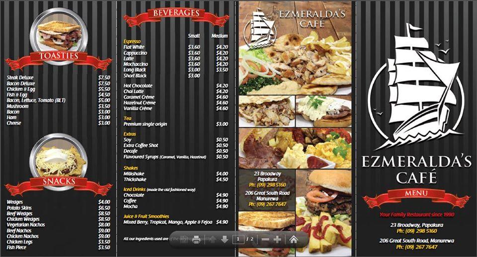 Menu at Ezmeralda's Cafe, Papakura, 23 Broadway