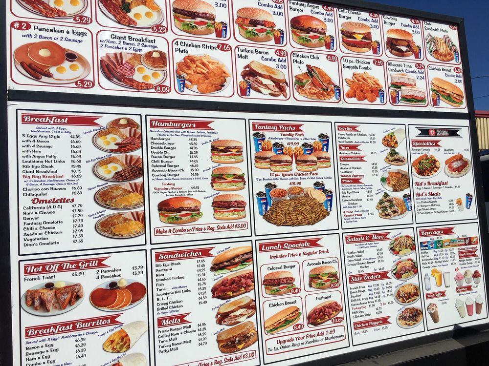 Menu at Fantasy Burgers fast food, Long Beach, E South St