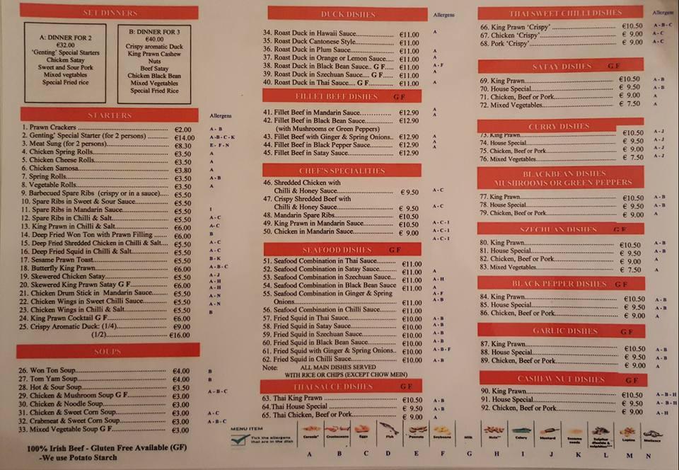 Menu at Genting Chinese Restaurant, Bandon