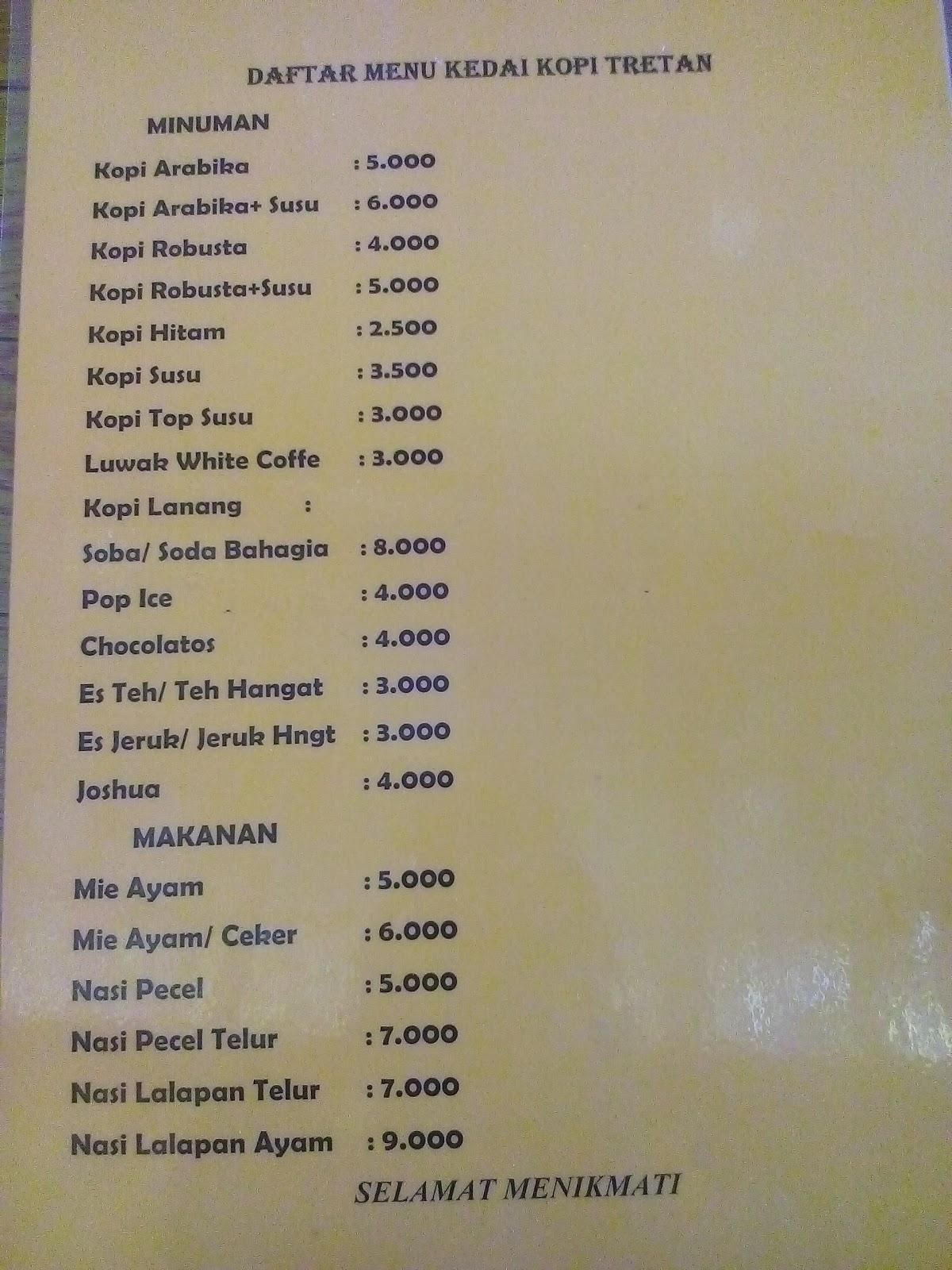 Menu at ~*KEDAI KOPI TRETAN*~ cafe, Besuki