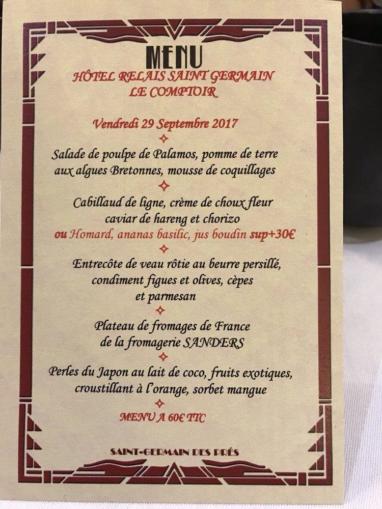 Menu au Le comptoir du Relais restaurant, Paris, 9 Carr de l'Odéon