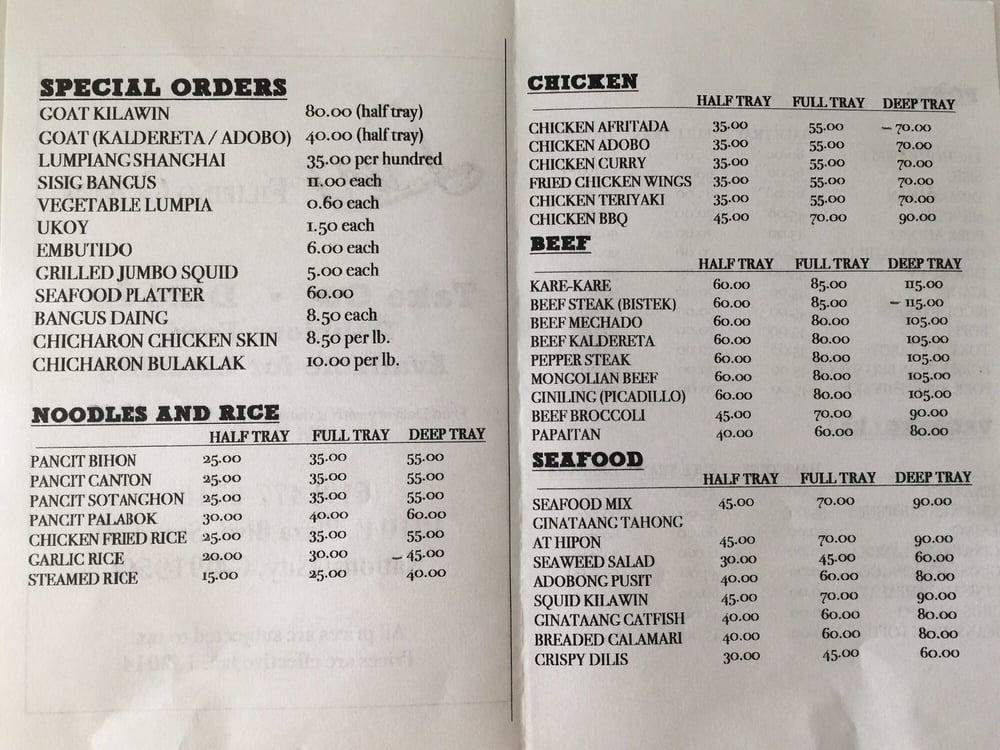 Menu at Lisa's Filipino Cuisine restaurant, National City, E Plaza Blvd